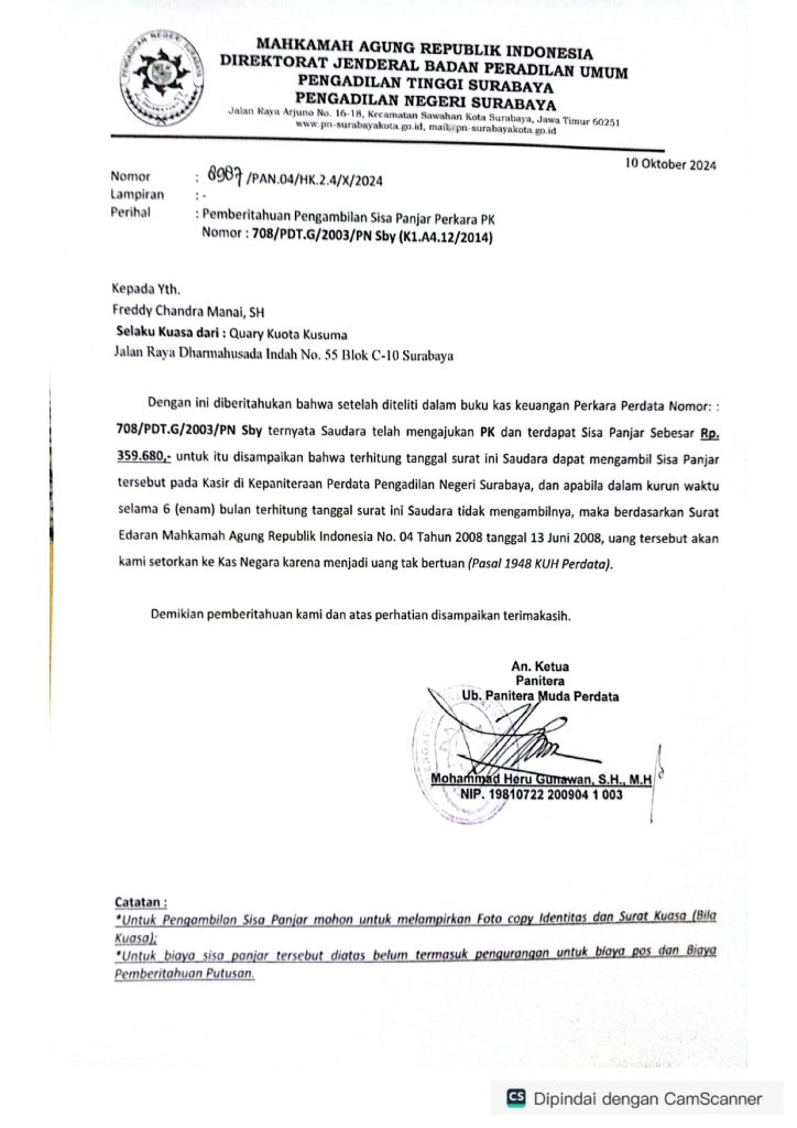 Pemberitahuan Pengembalian Sisa Panjar Kepada : Nama Pihak : FREDDY ...