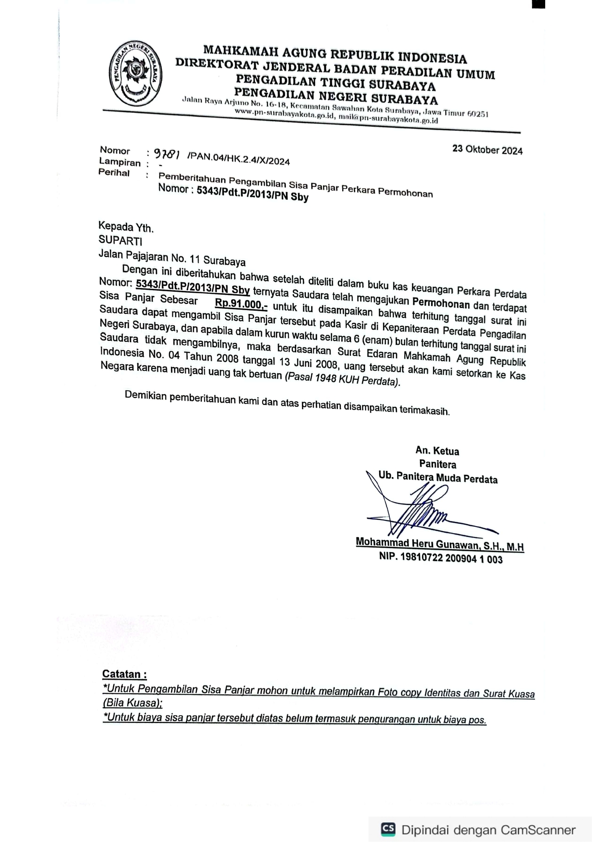 Pemberitahuan Pengembalian Sisa Panjar Kepada : Nama Pihak : SUPARTI ...