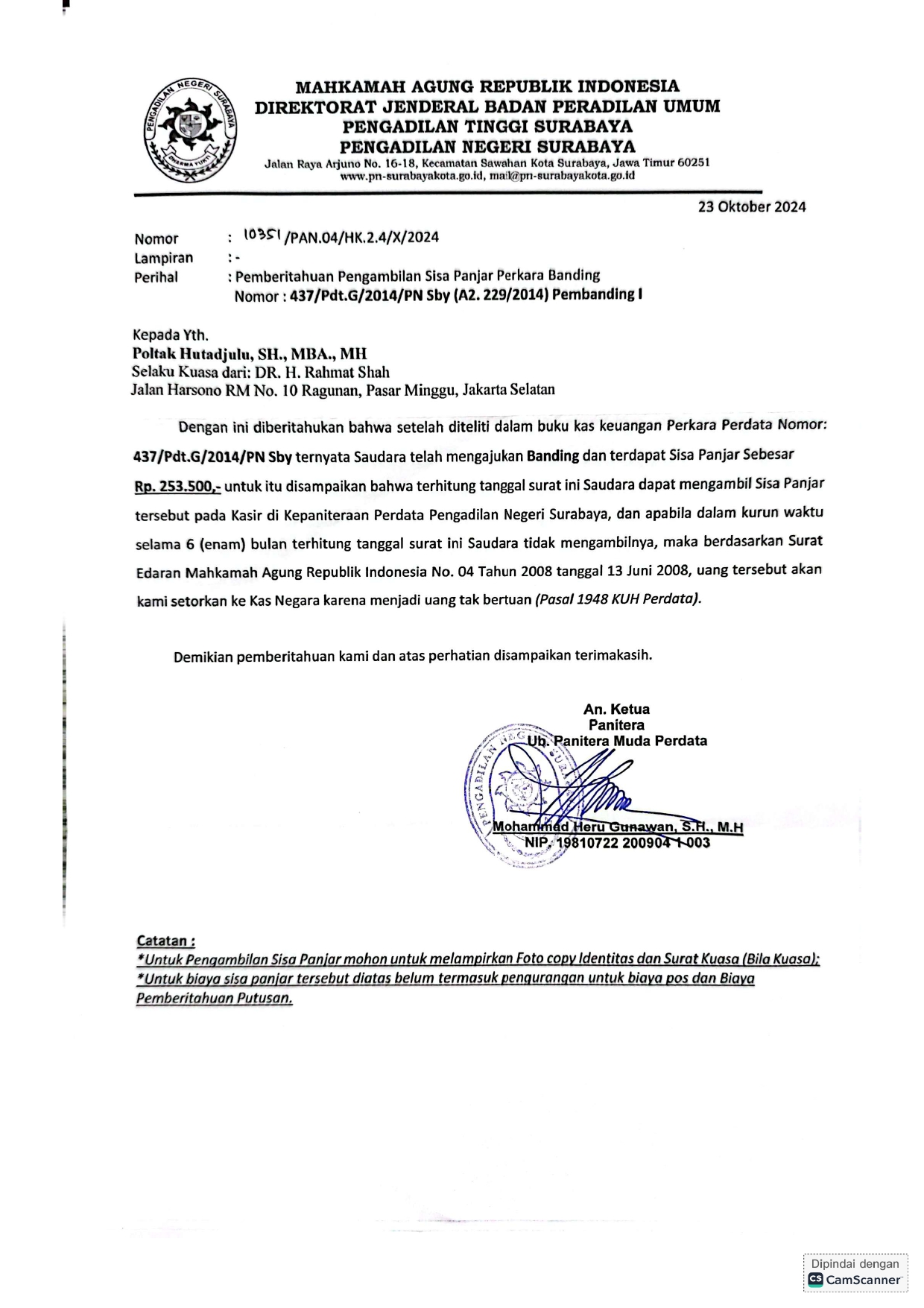 Pemberitahuan Pengembalian Sisa Panjar Kepada : Nama Pihak : POLTAK ...