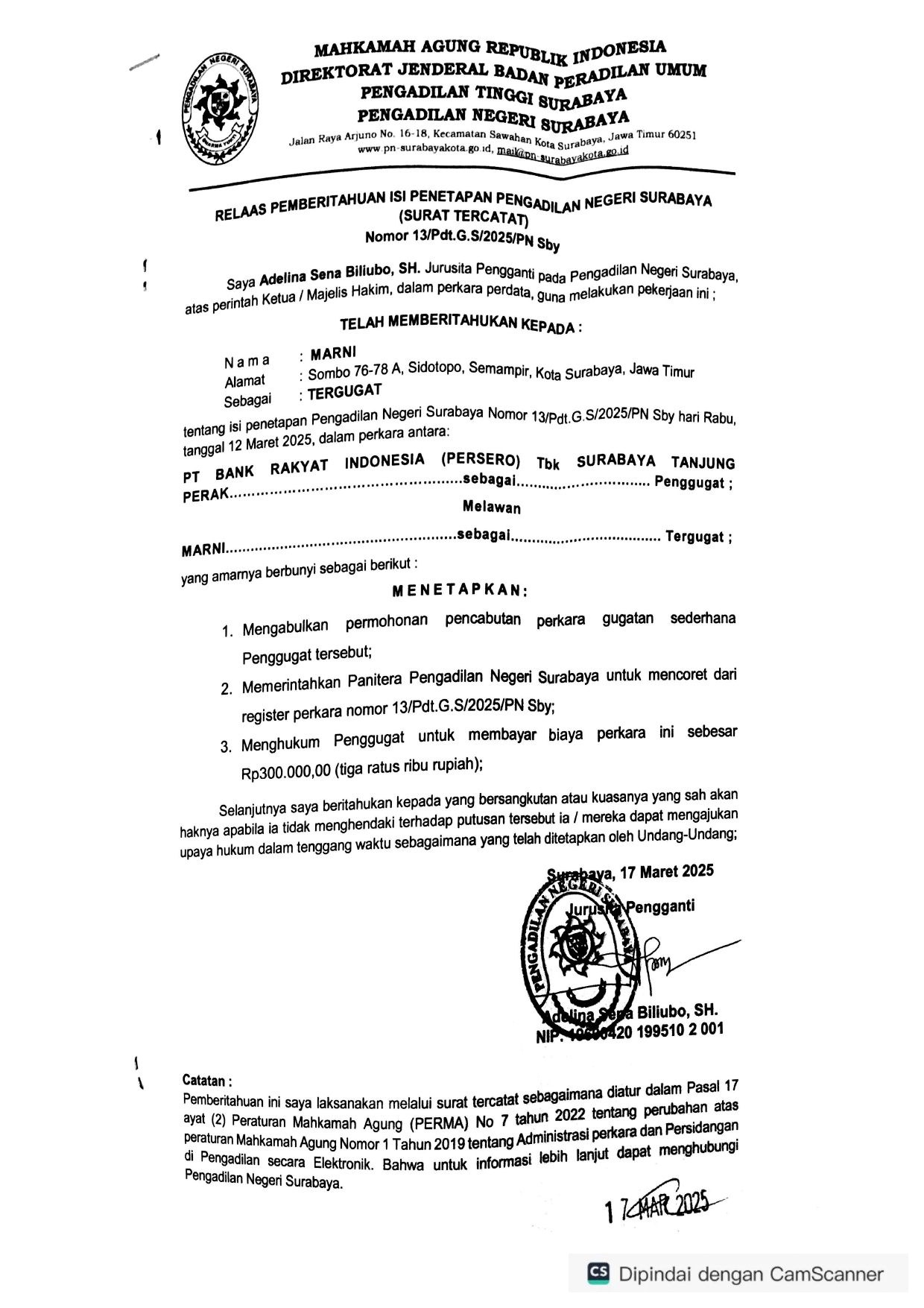 Relaas Panggilan / Pemberitahuan Umum Kepada : Nama Pihak : MARNI Nomor ...